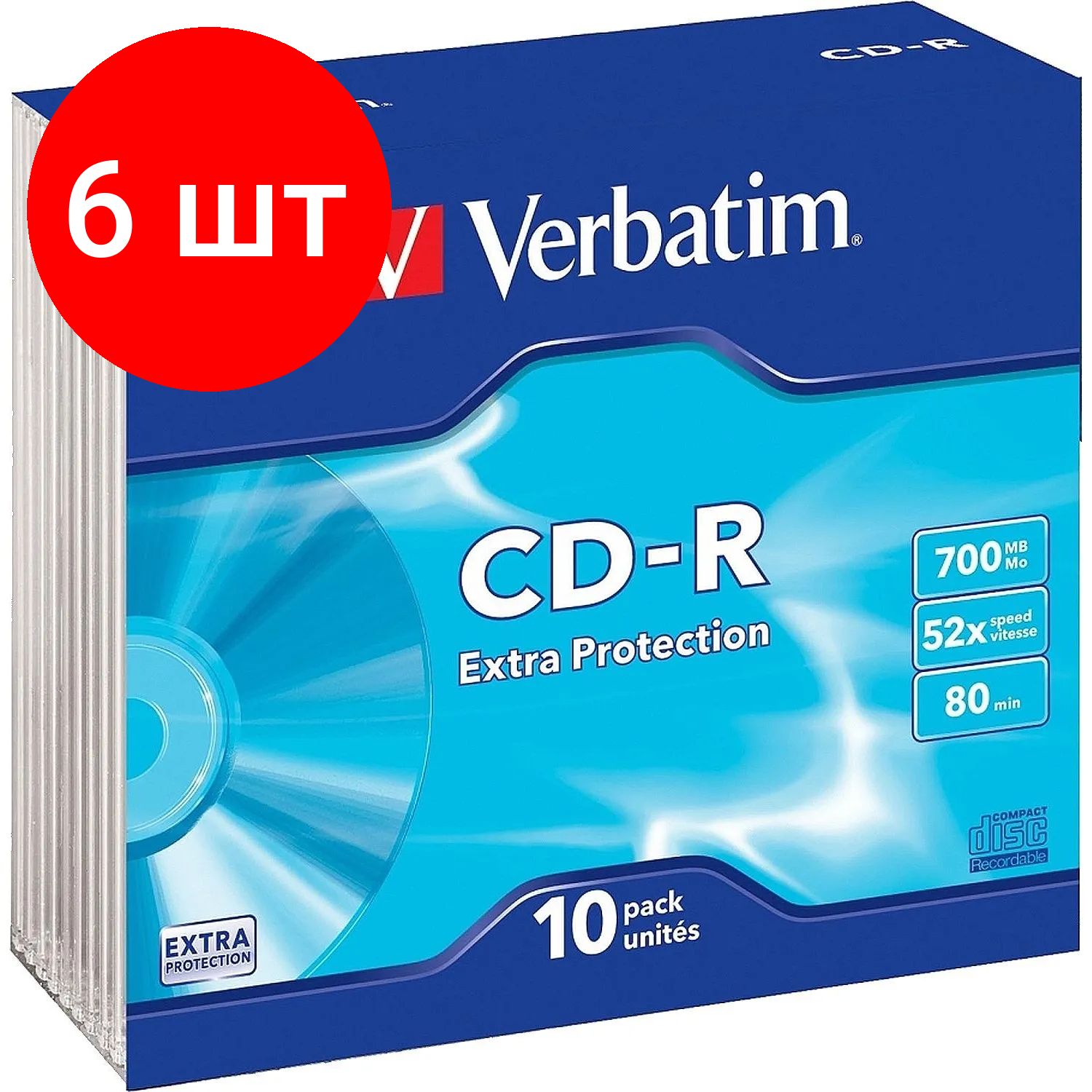 Комплект 6 упаковок, Носители информации Verbatim CD-R 700Mb 52x Slim/10 43415 Extra Protect