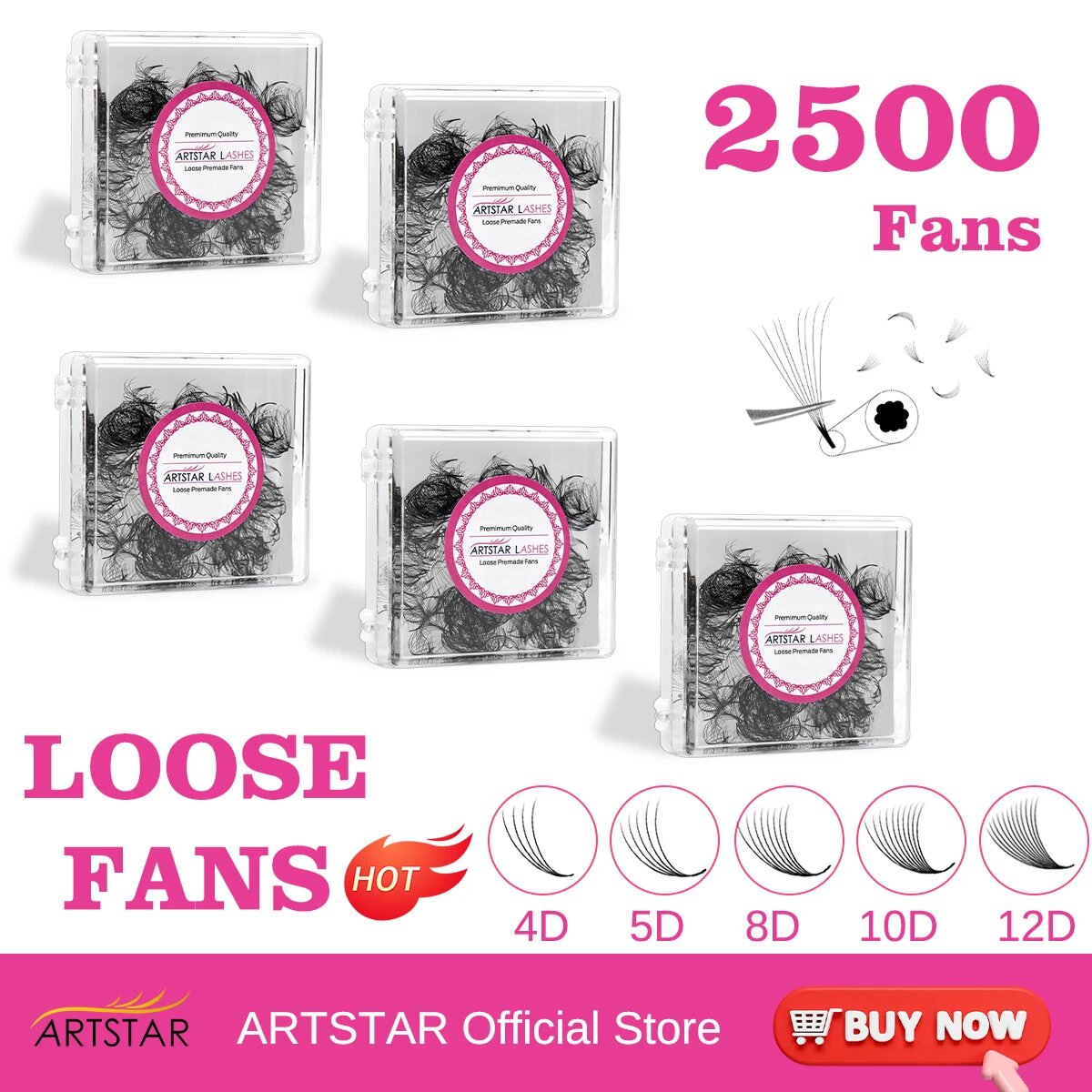 ARTSTAR LASHES Готовые веерные ресницы 2500Fans 3D-20D C, 10 11 12 13 14x1case, 8D 0.07mm