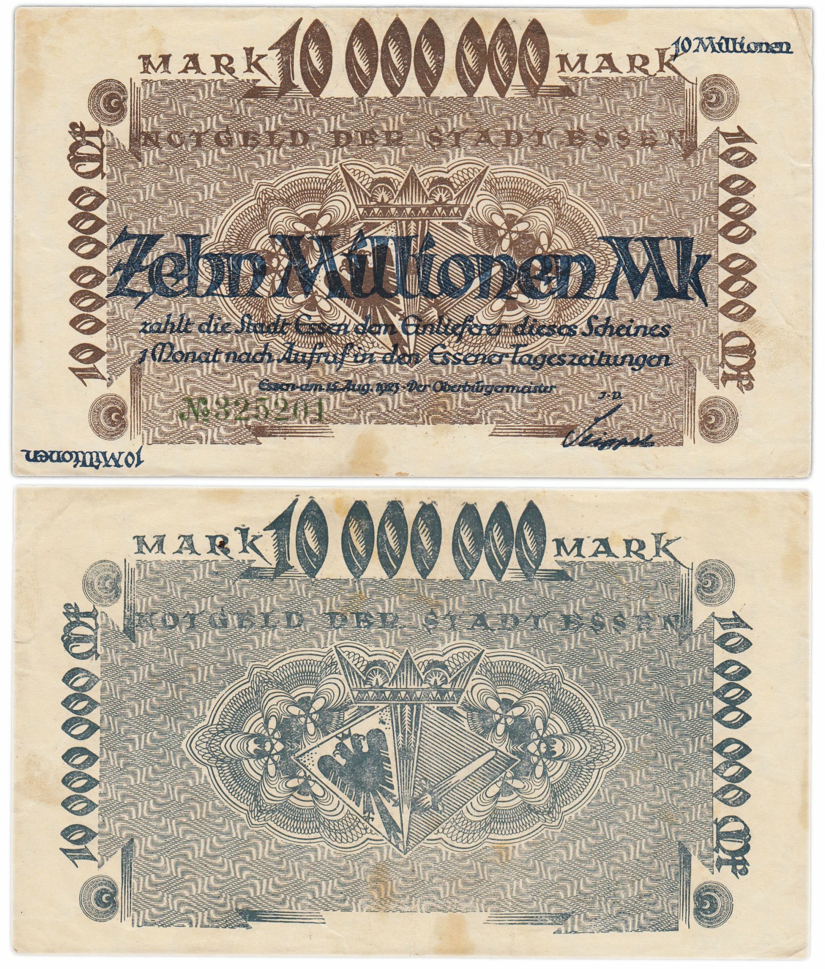 Германия 10000000 марок 1923 год Эссен Essen Нотгельд