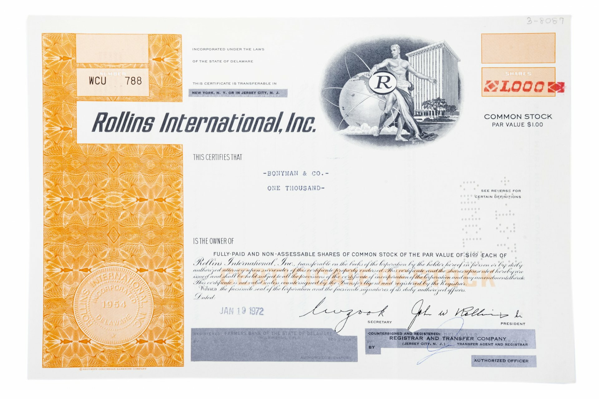 Акция США ROLLINS INTERNATIONAL, INC ,1972 г