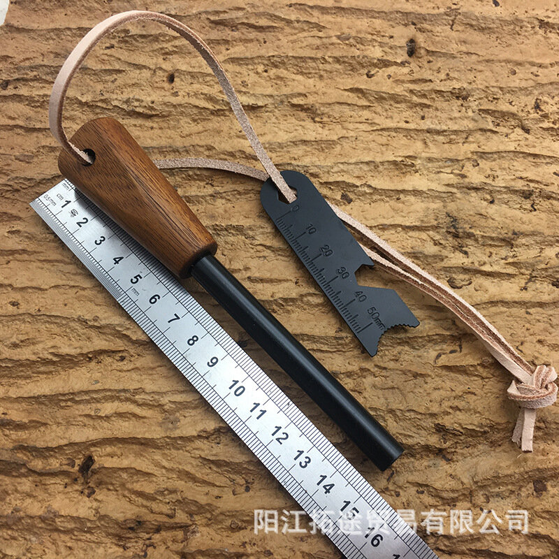 Огниво-зажигательный стержень, магниевый стержень для разжигания огня, инструмент для выживания на природе с упаковкой, кожаный ремешок, мощный скребок, деревянная рукоятка.