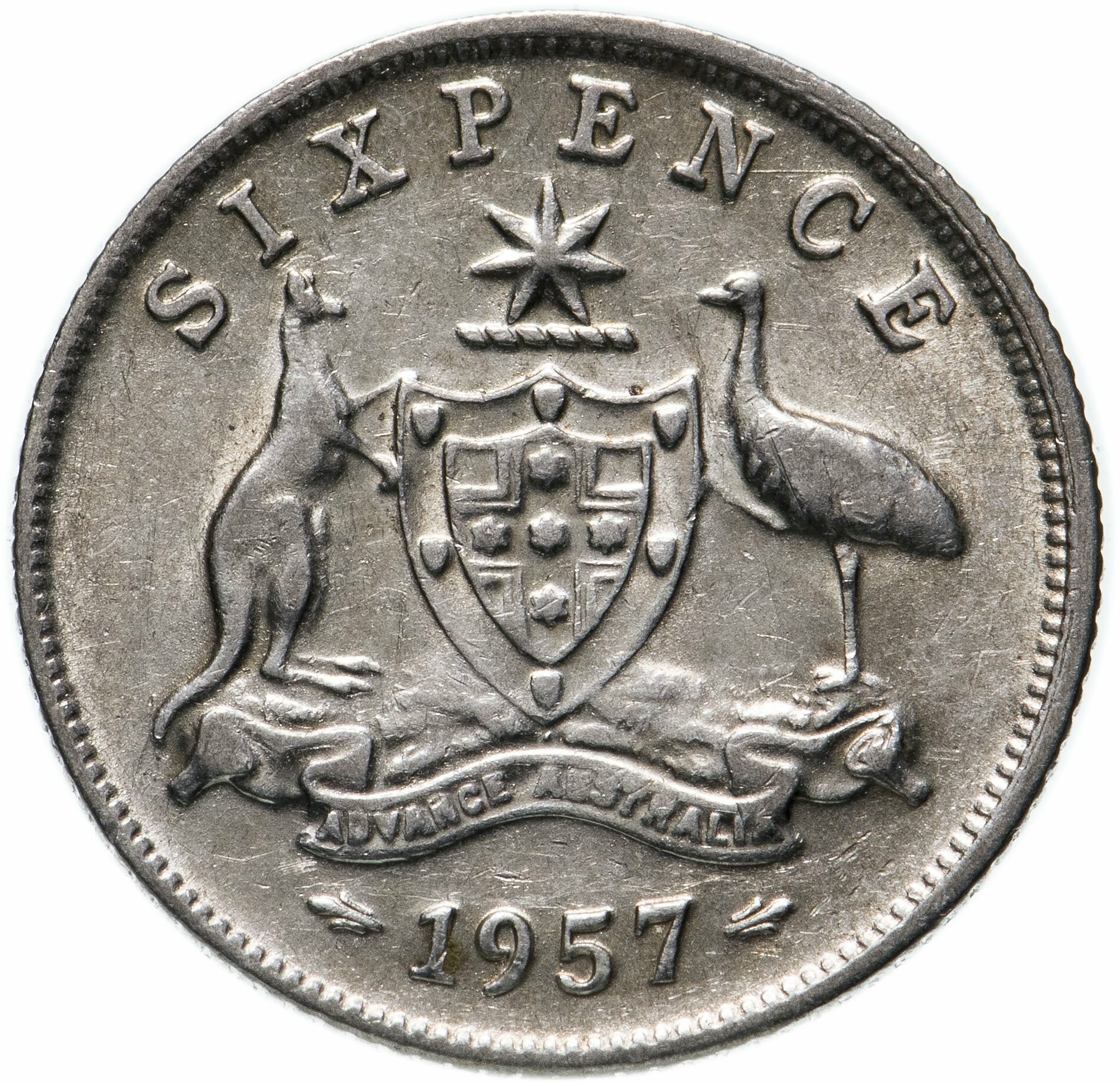 Австралия 6 пенсов pence 1957, Серебро 500, в сохранности XF