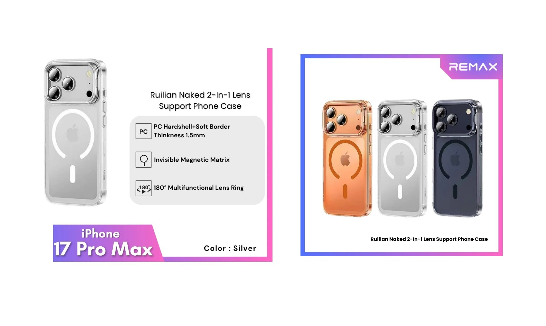 Чехол для iPhone 17 Pro Max, Remax Naked 2-in-1 Lens Holder Magnetic Case, Прозрачны/Серебристый