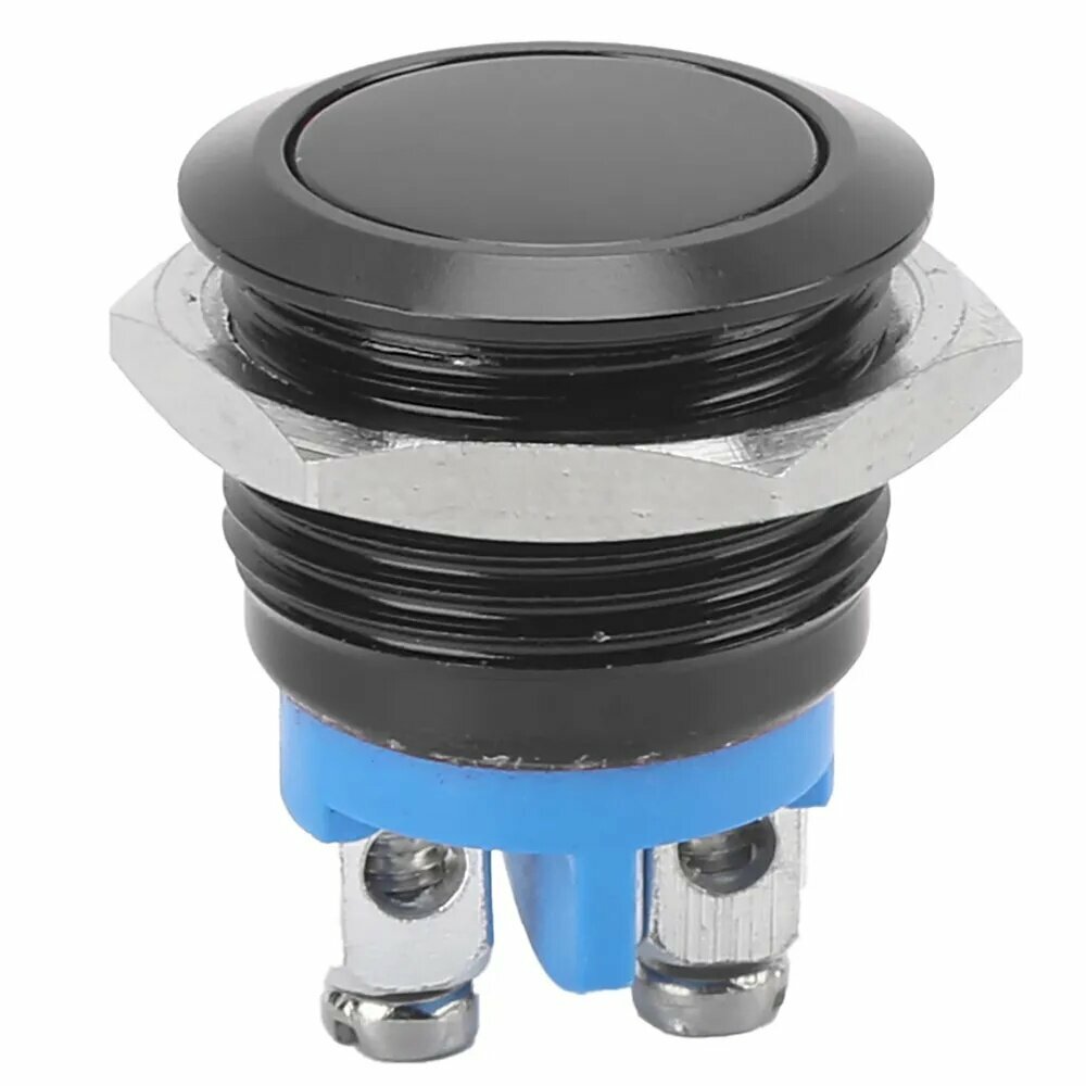 Металлический кнопочный выключатель 16мм плоская головка самовозврат 220В черный для электрооборудования