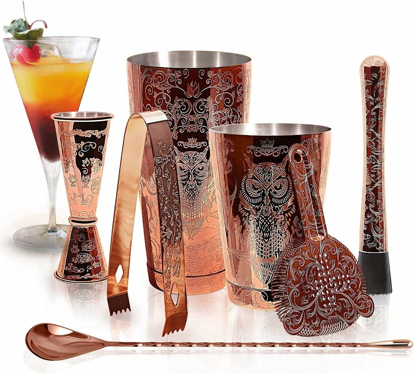 SKY FISH Набор шейкеров для коктейлей с гравировкой Cocktail Shaker Set, Etching Boston Cocktail Making Set, 7-piece - Rose Gold