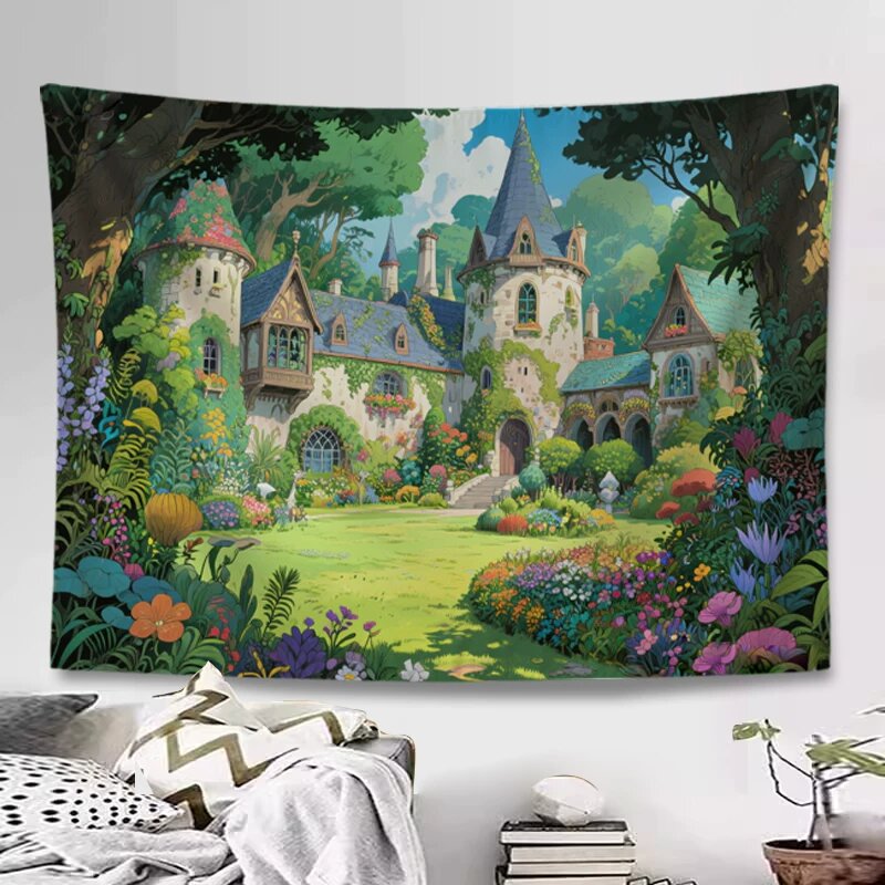 Холст-фон «Замок исцеления» Хаяо Миядзаки, настенное украшение для спальни, тканевый гобелен с мультяшными