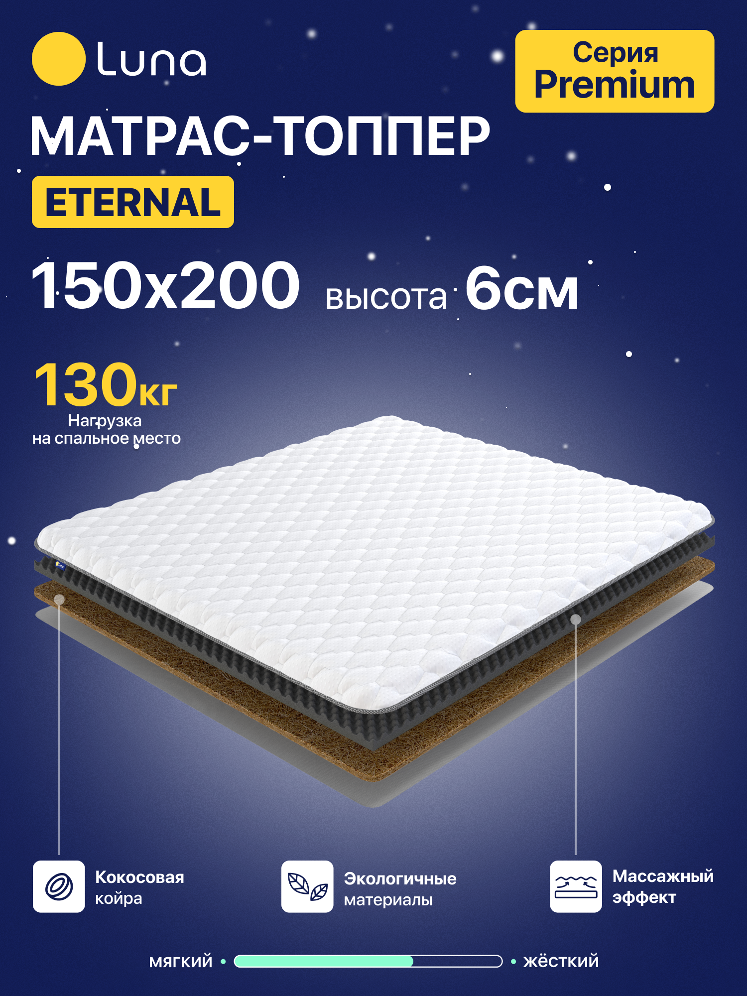 Матрас-топпер Luna Eternal 150х200 см, с кокосовой койрой, ортопедический, с фиксирующими резинками, с массажным эффектом, анатомический, высота 6 см
