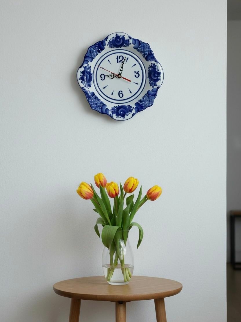 Часы настенные "Гжельские узоры"D 27.5 см гжель фарфор ручная работа