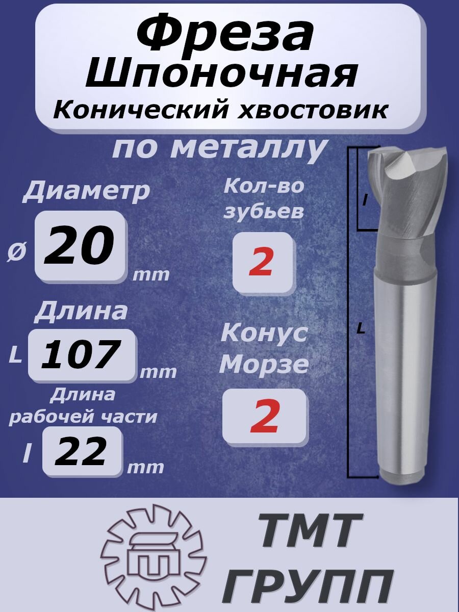 Фреза 20 мм. шпоночная по металлу, к/х КМ2 Р6М5