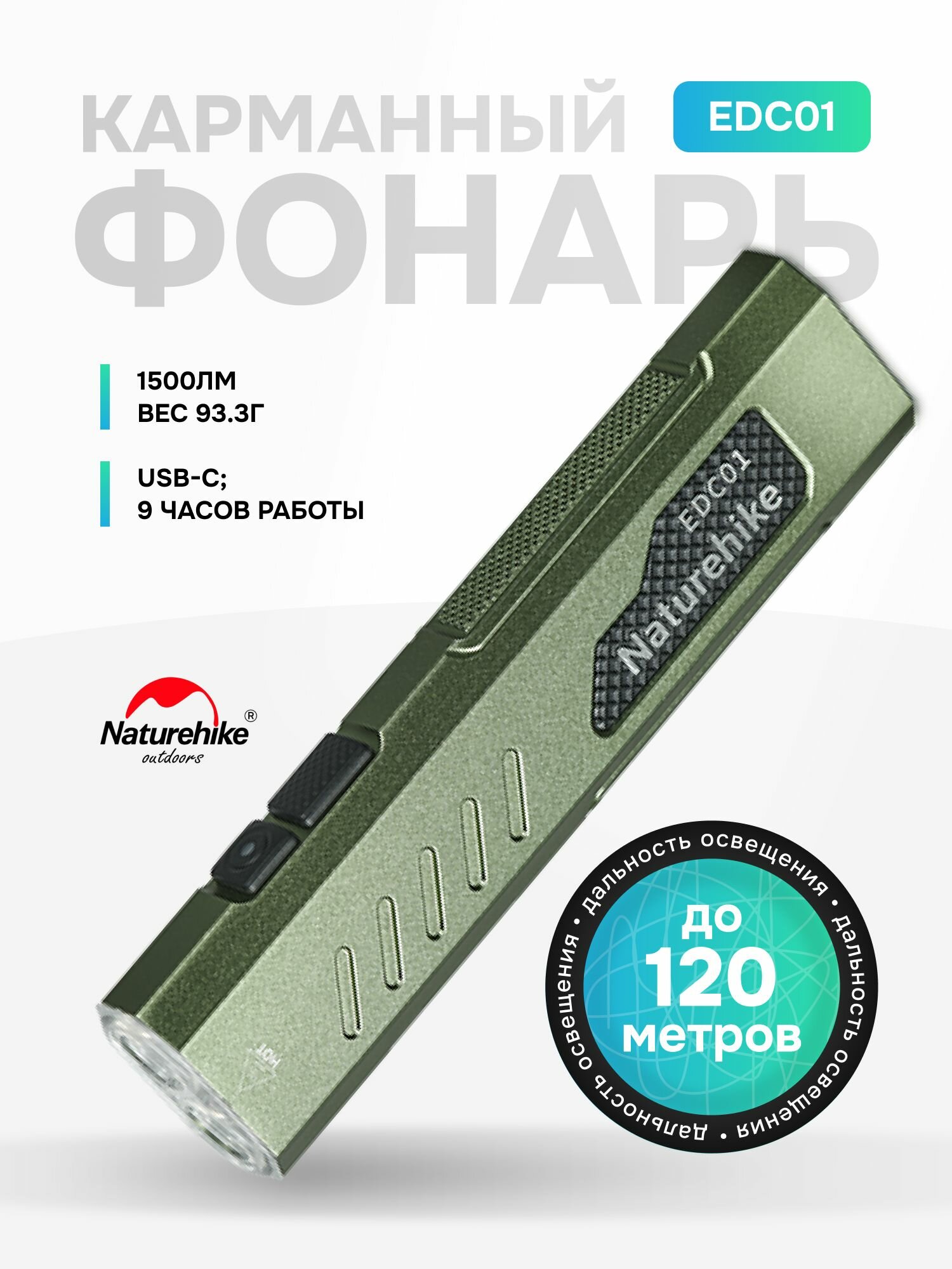 Фонарик аккумуляторный ручной мощный Naturehike EDC01, 1500Lm, type-c, IPX4, 94 г
