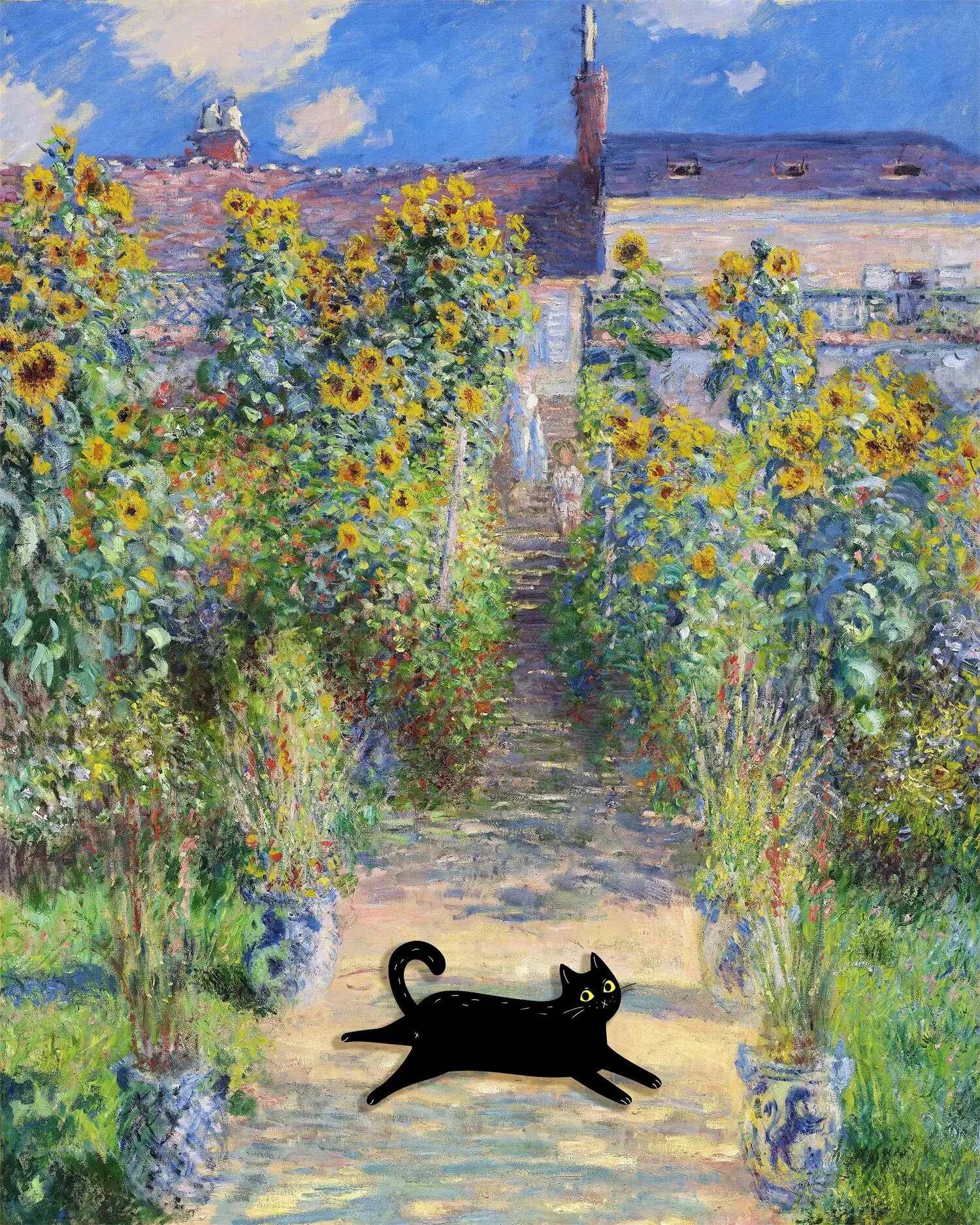 Черный кот в саду подсолнухов, картина на холсте 30x40см, цвет 18
