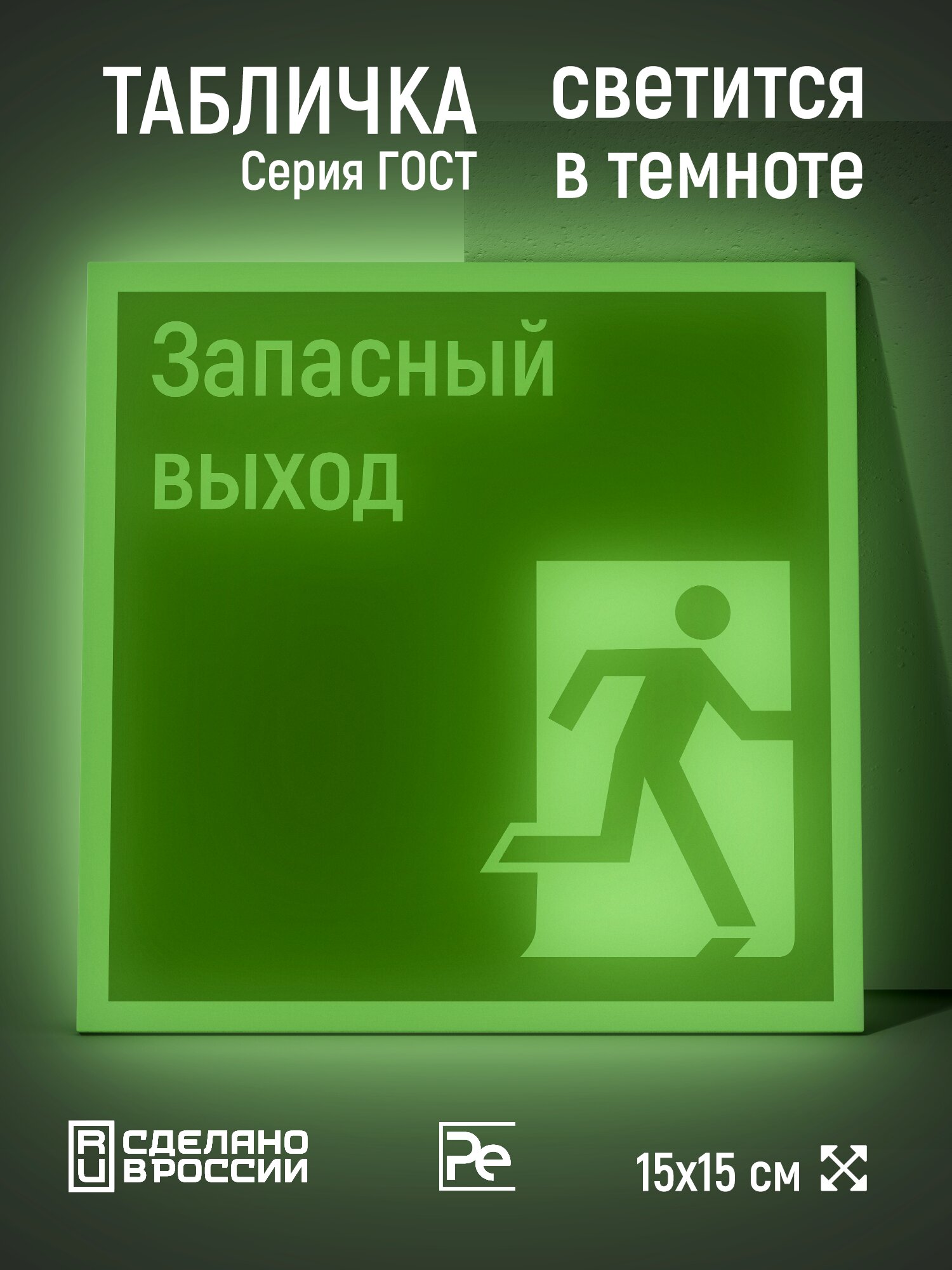 Табличка Запасный выход, на дверь и стену, навигационная и информационная, серия ГОСТ, 15х15 см