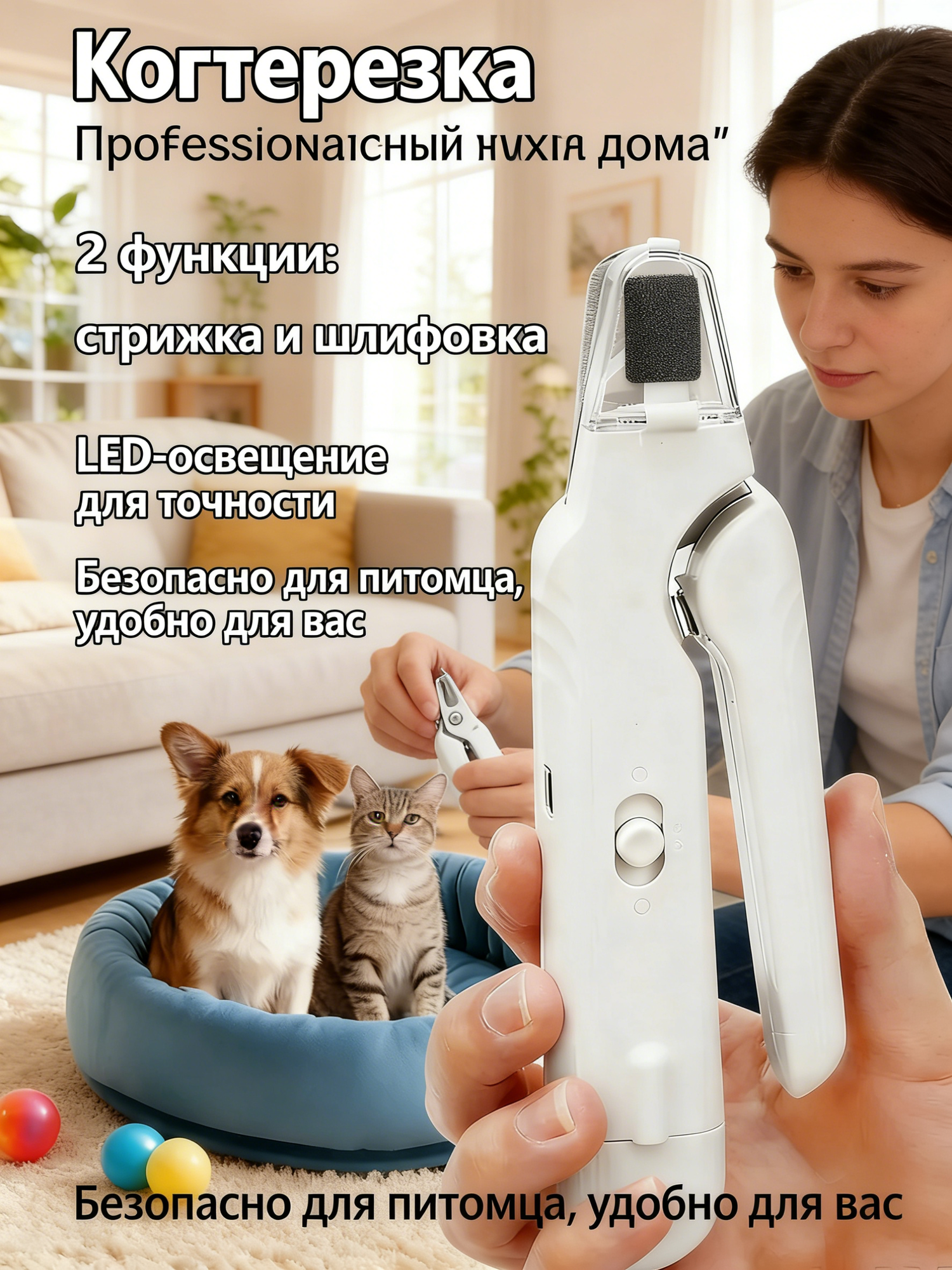 Когтерезка-гриндер с фонариком для собак и кошек, с аккумулятором, белый