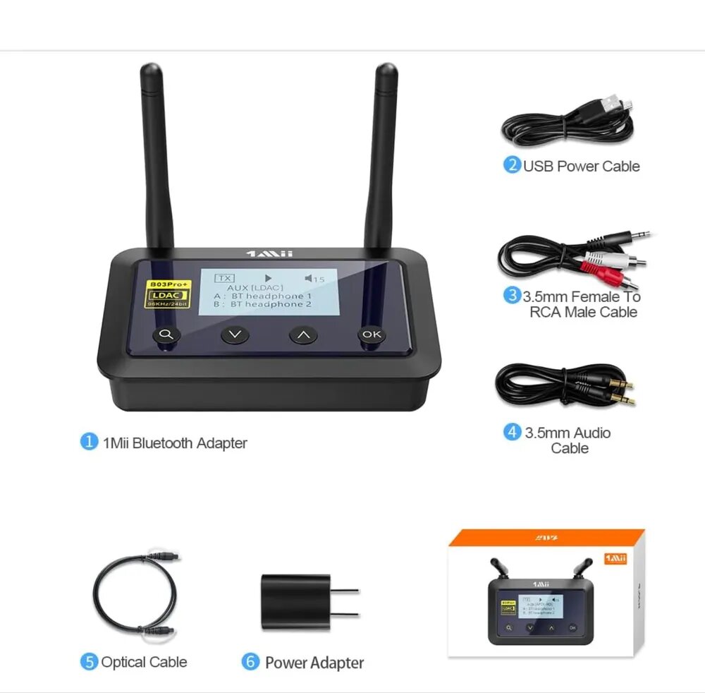 1Mii B03Pro+ Bluetooth 5.3 передатчик приемник сертифицированный LDAC, Bluetooth удлинитель дальнего действия беспроводной аудиоадаптер с экраном, оптический RCA AUX 3,5 мм выход/вход