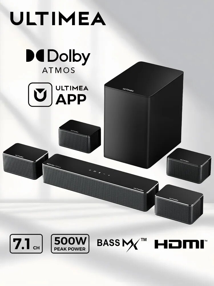 Саундбар для телевизора с сабвуфером ULTIMEA Poseidon D80 Boom, домашний кинотеатр 7.1 Dolby Atmos, 500Вт, 4 тыловых динамика, HDMI eARC, управление через приложение