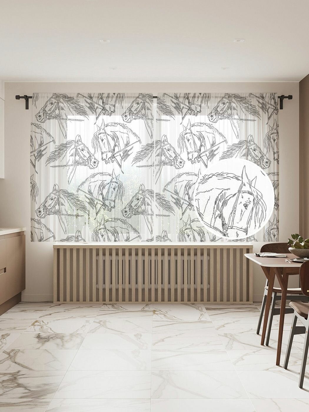 Тюль, фототюль короткий JoyArty "Голова лошадки с уздечкой" высота 180 см, ширина 145 см (2 полотна) на шторной ленте, крючки в комплекте