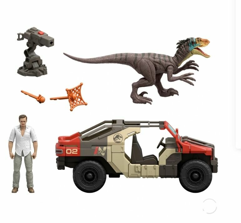 Игровой набор Мир Юрского периода: Возрождение Джип с фигуркой Мартина Кребса и динозавра велоцираптора,