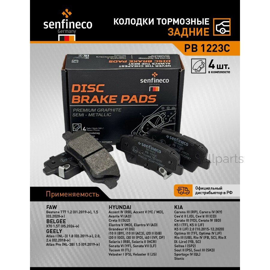 SENFINECO PB1223C Колодки тормозные зад. FAW BESTUNE T77 GEELY ATLAS I (NL3), ATLAS PRO HYUNDAIELANTRA V (MD), ELANT
