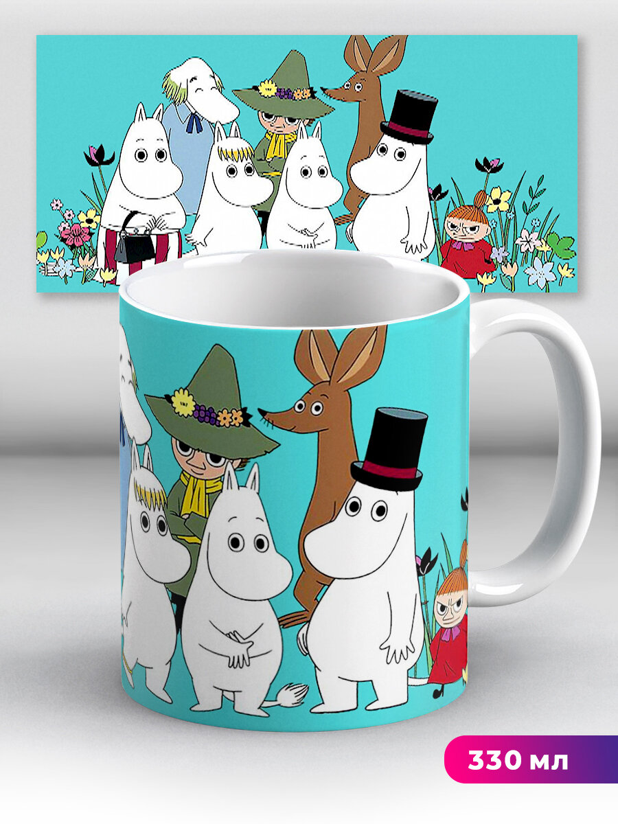 Кружка Муми Тролли голубой 330 мл, керамическая с ярким принтом, подходит для СВЧ, горячих и холодных напитков