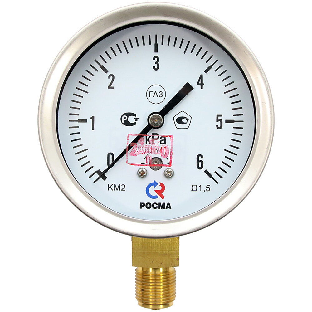 Манометр росма КМ-22Р (0-6кПа) G1/2 1.5 общетехнические 100мм, тип - КМ-22Р КС, радиальное присоединение, 0-6кПа, резьба G1/2, класс точности 1.5