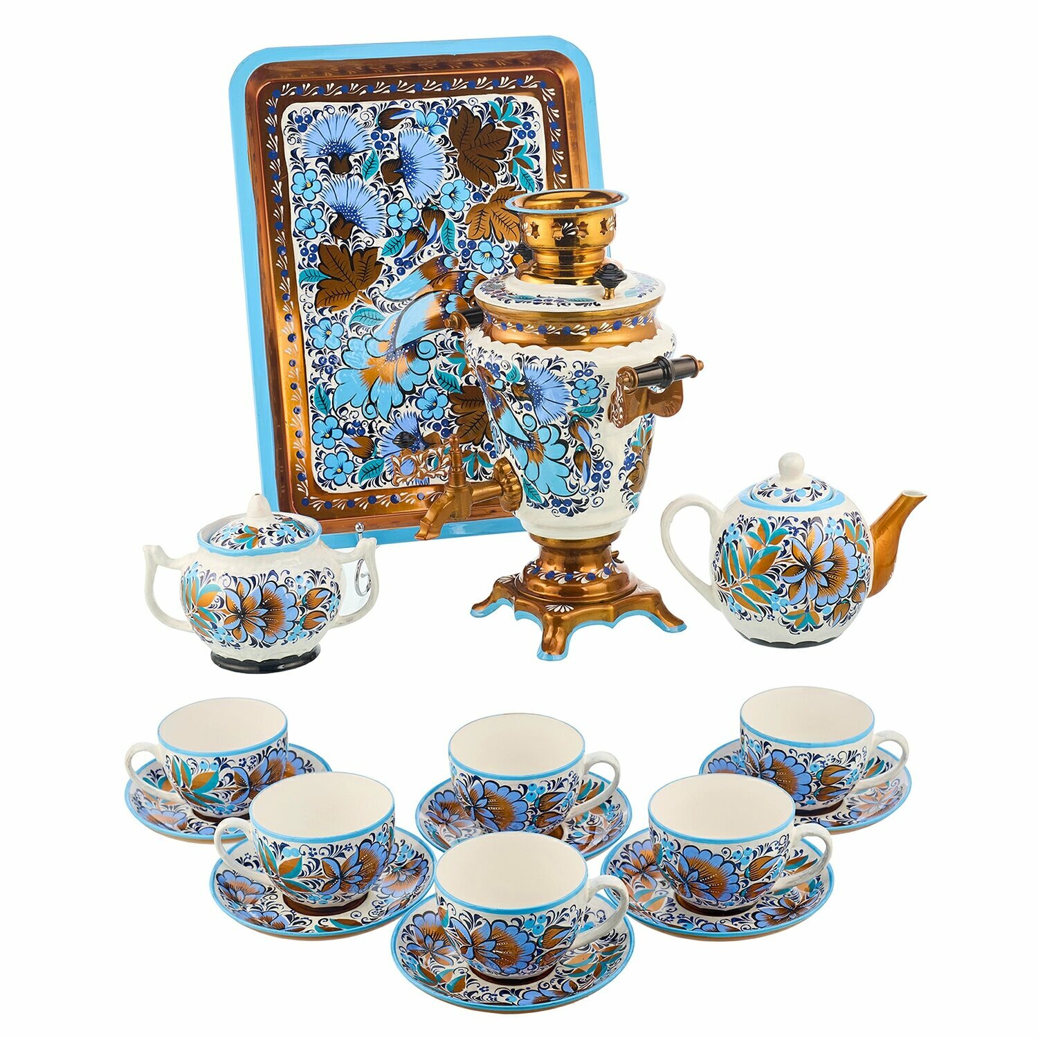 301824 хохлома Самовар с Сервизом "васильки" на 6 персон