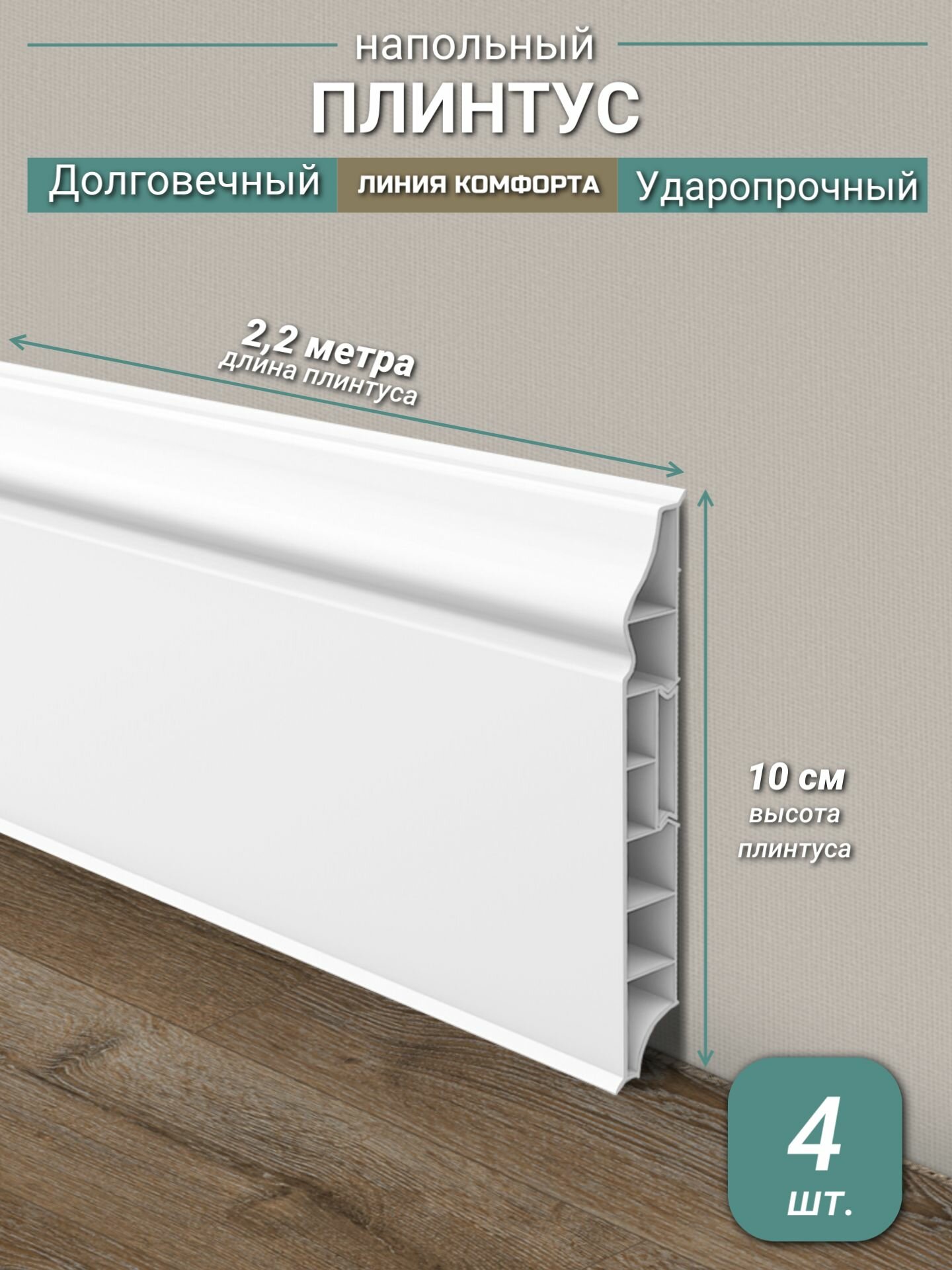 Плинтус Ideal, ПВХ, матовый, влагостойкий, ударопрочный, с кабель-каналом, 2,2 м, 100 мм, фигурный, Белый - 4 шт.