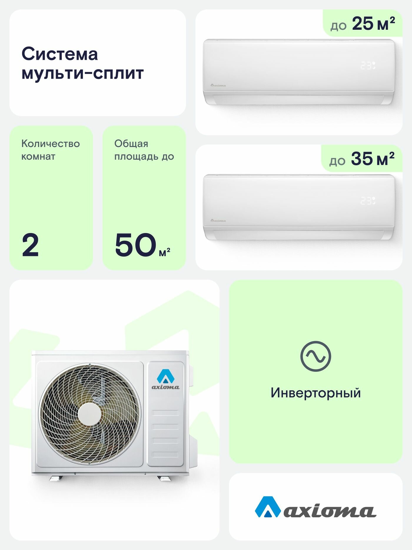 Мульти сплит-система инвертор Axioma ASX12MH1Z1R, для 2х комнат 21 + 29кв. м.