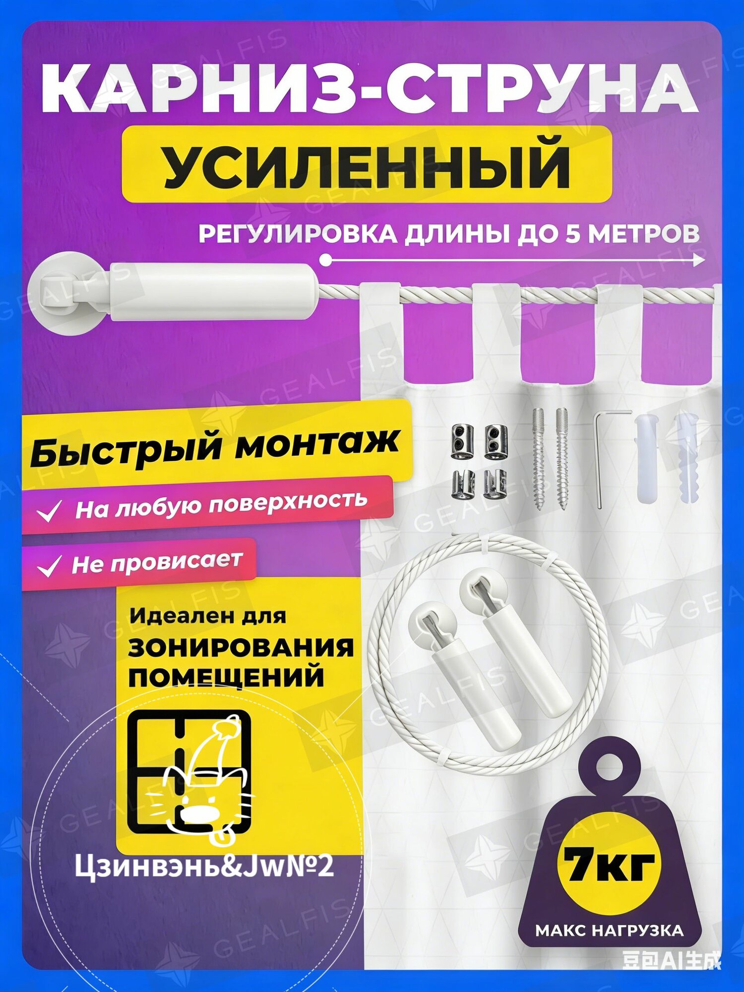 Карниз для штор, 1 ряд, длина до 5 м, белое нержавеющая сталь - для штор, зонирования, ванной, балкона