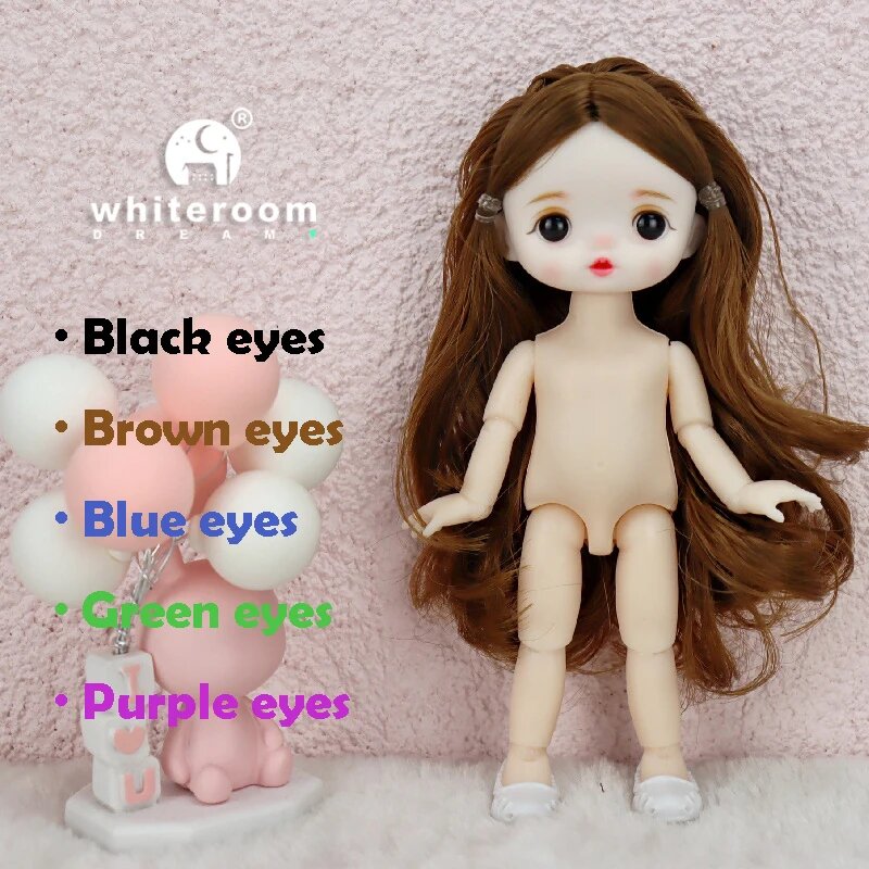 Whiteroom Кукла шарнирная 16 см, коричневые волосы, голубые глаза, Naked doll 004