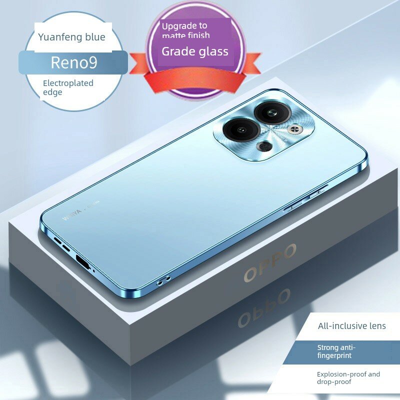 Чехол для OPPO Reno9 - Глубокий синий матовый стеклянный с анти-скольжением и электропокрытием, ударопрочный