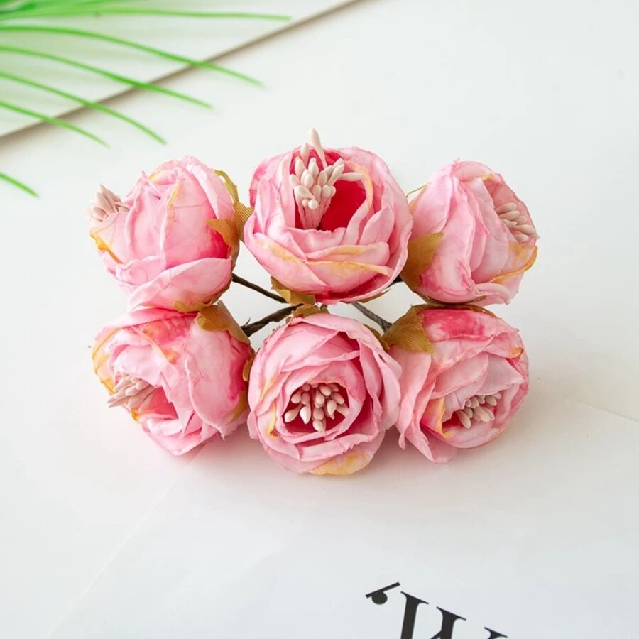 Искусственные розы шелковые тычинки smr набор из 6 штук Розовый, Pink