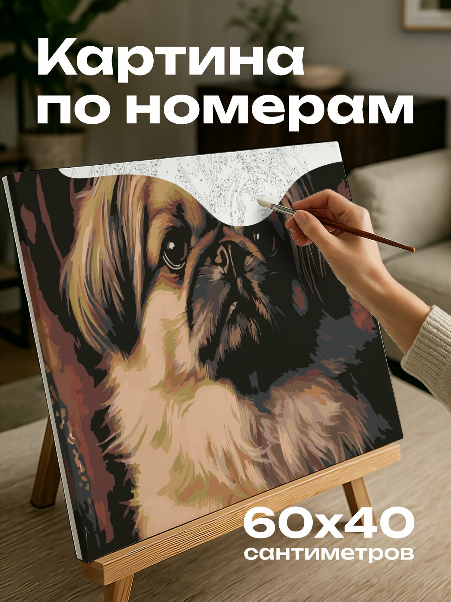 Картина по номерам 60x40 см, Пекинес, масляная картина, европейский стиль, аристократическая элегант