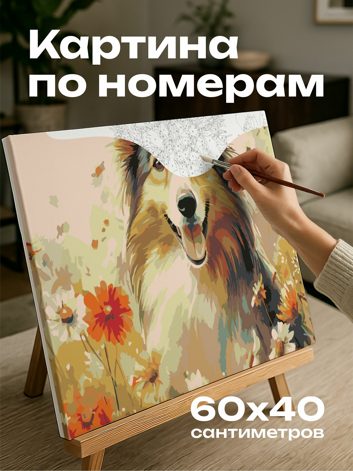 Картина по номерам 60x40 см, акварель, колли, полевые цветы, солнечный свет, тепло, ностальгия, грация