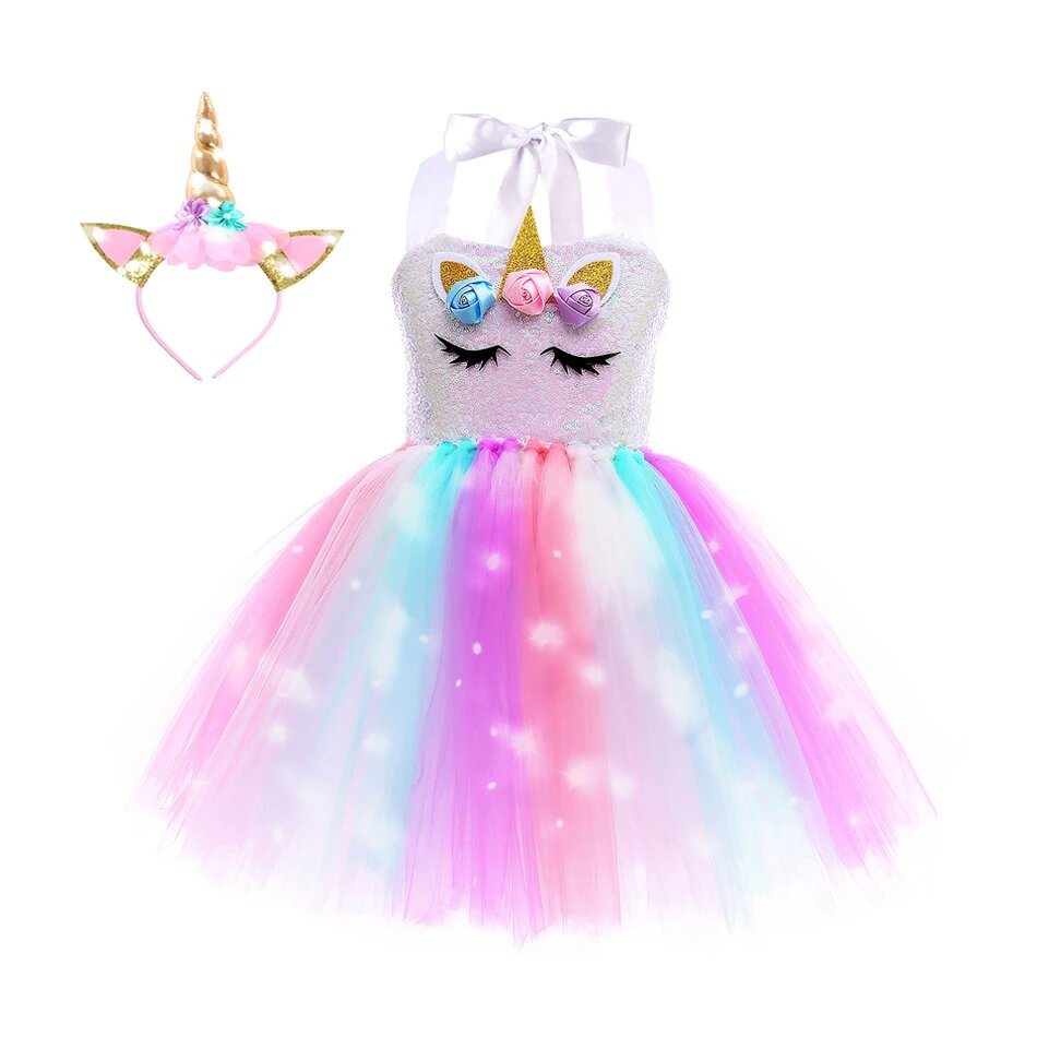 Платье принцессы с единорогом для девочек, блестящая детская мультяшная одежда со светодиодными светящимися крыльями, повязка на голову, костюм для сцены, Хэллоуина