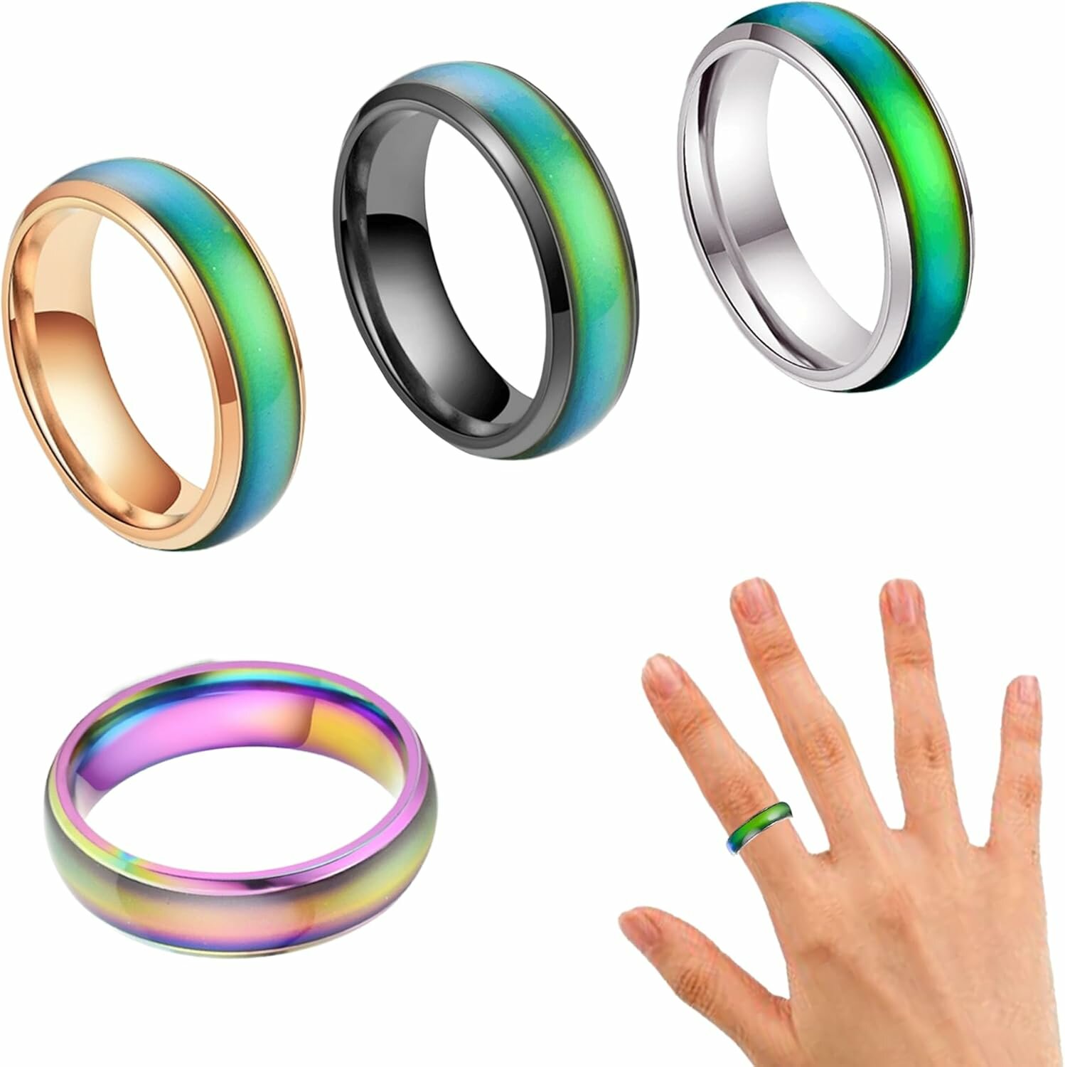 Четыре детских кольца-хамелеона, кольца из нержавеющей стали, меняющие цвет, стильные и красочные кольца-хамелеоны, подходят для детей, мальчиков и женщин, модные украшения, для повседневного ношения, подарки на вечеринки, дни рождения и годовщины.
