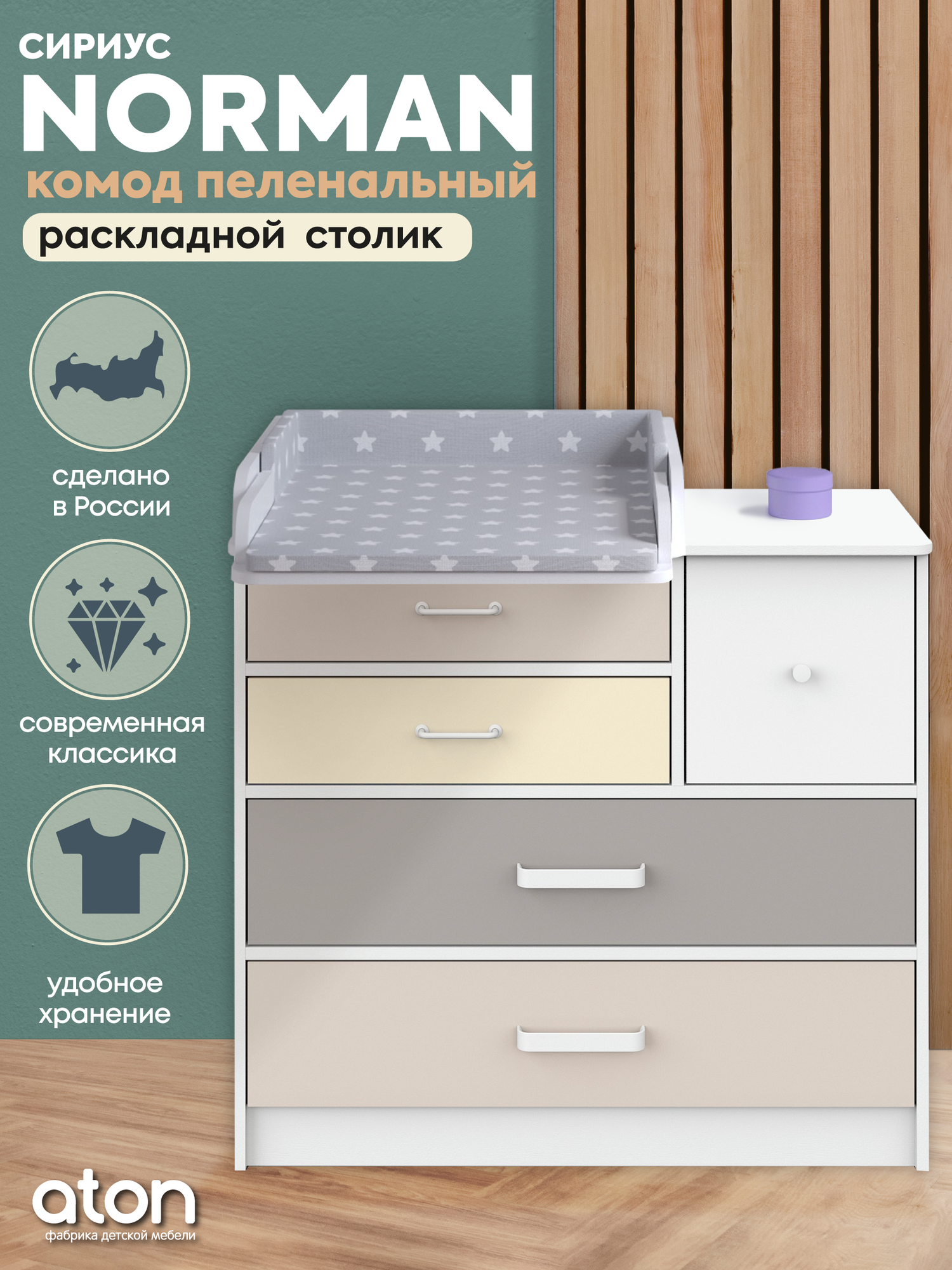 Детский пеленальный комод Атон Сириус Norman 905 с 5 ящиками, ЛДСП, белый-бежевый