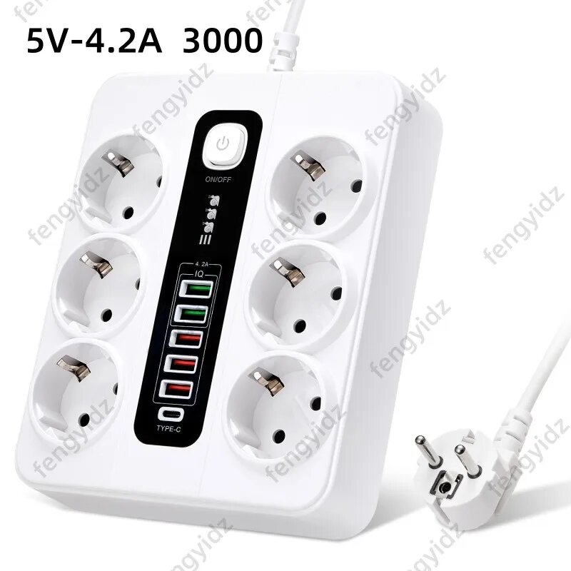 Удлинитель с 6 розетками, 6 USB, 3000 Вт, Белый