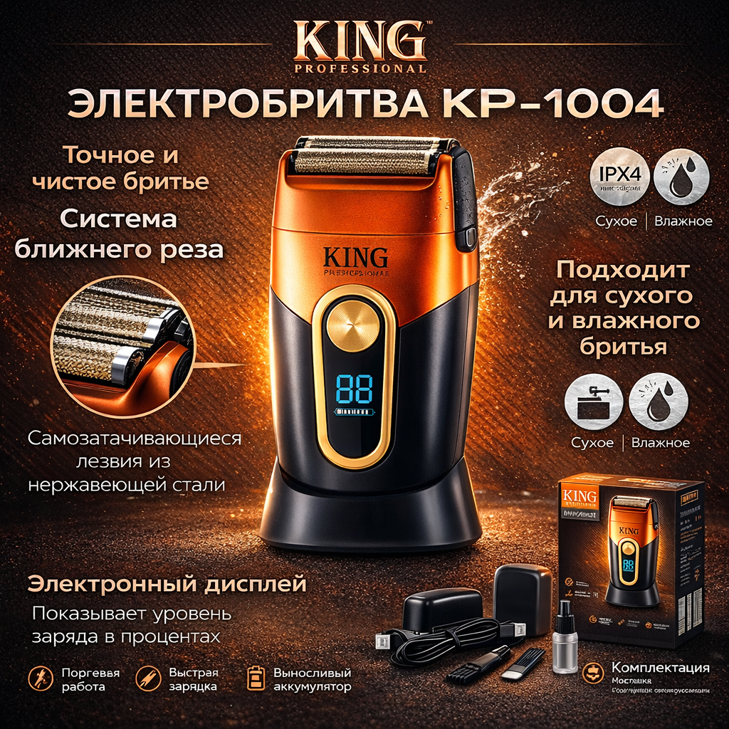 Электробритва KING Professional KP-1004 мужская аккумуляторная для сухого и влажного бритья