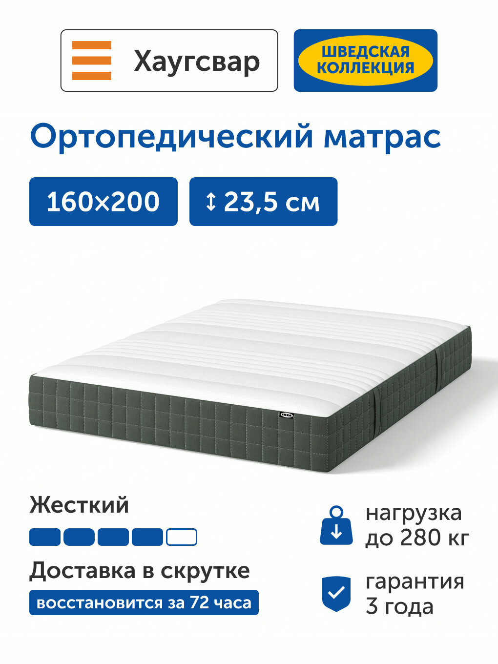 Ортопедический матрас IKEA/икеа Хаугсвар, независимые пружины, 160х200 см