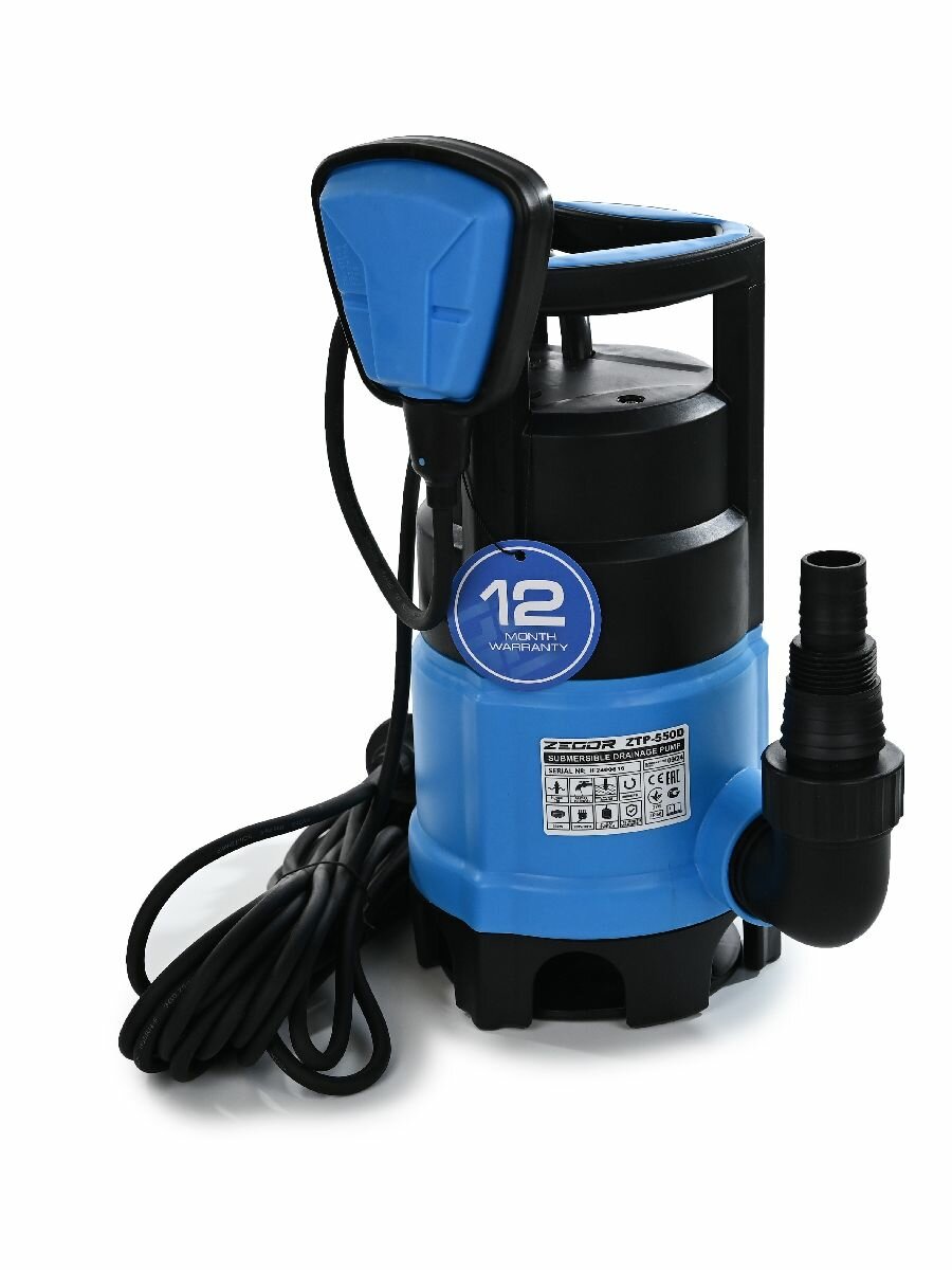 Насос дренажный ZTP-550D ZEGOR для грязной воды септиков и колодцев, 550 Вт, напор 7 м, расход 10,5 м3ч