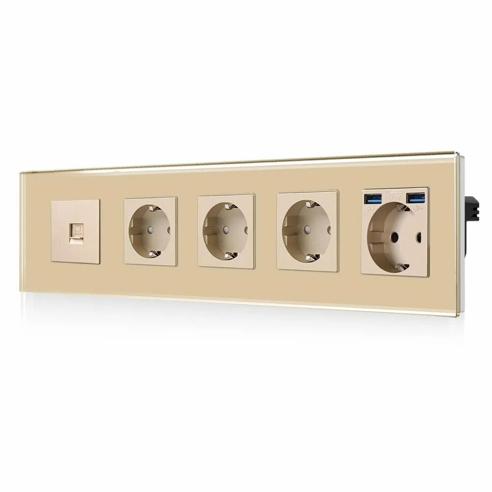 Розетка с USB-портами и интернетом / Rj-45,5 поста, золотая Закаленное стекло.