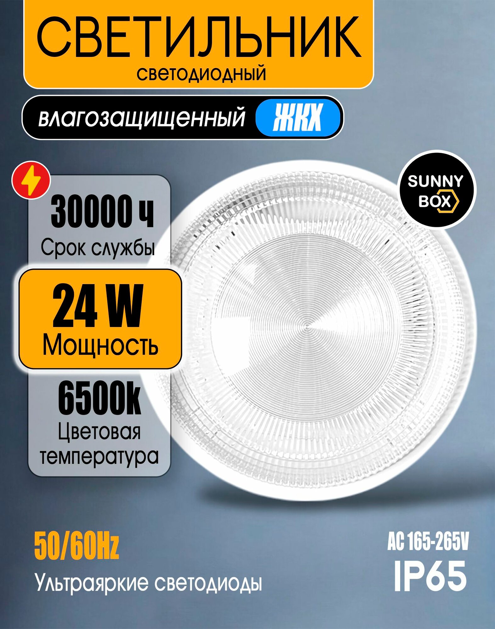 Светильник светодиодный SUNNY BOX 24 Вт 6500K IP65, влагозащищённый, для ЖКХ, подъезда, гаража, склада, настенно-потолочный, AC 165-265V