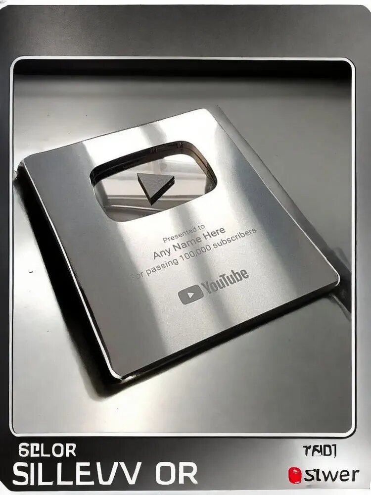 Эксклюзивная серебряная кнопка YouTube за 100000 подписчиков, металл, серебристый, ручная работа
