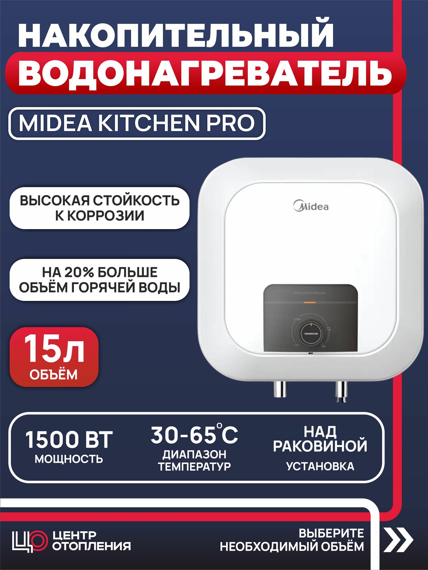 Elektricheskiy vodonagrevatel nad rakovinoy 15 litrov midea kitchen pro mwh15 15mpca