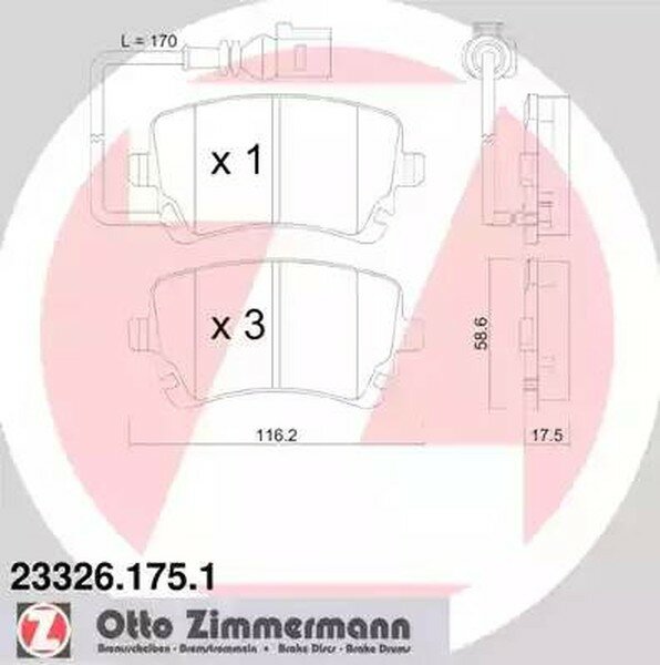 Колодки тормозные задние ZIMMERMANN 23326.175.1 Vw Multivan V, Transporter V 1.9-3.2 03->