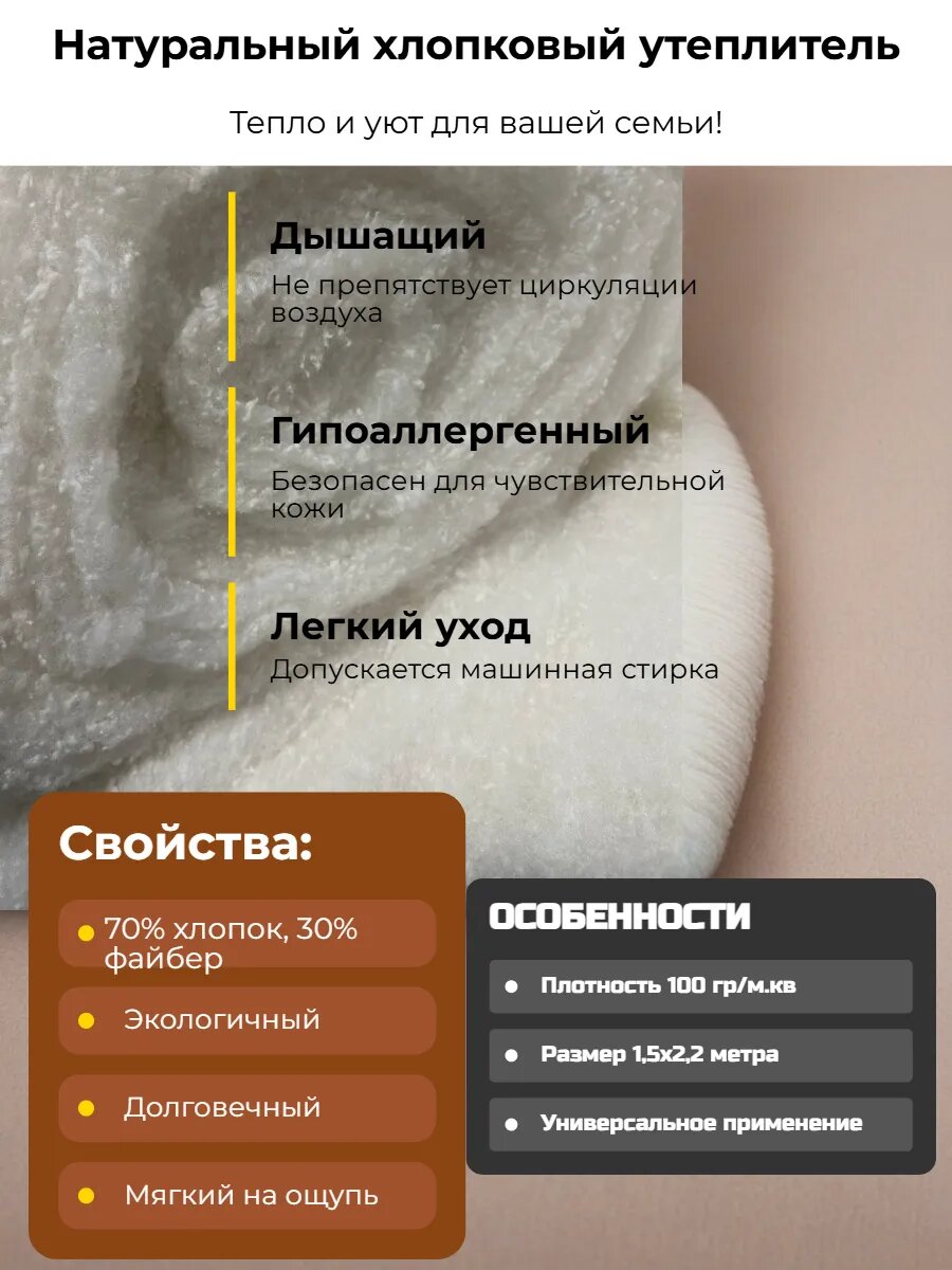 Утеплитель хлопковый 100 гр/м. кв (1,5*2,2 м)