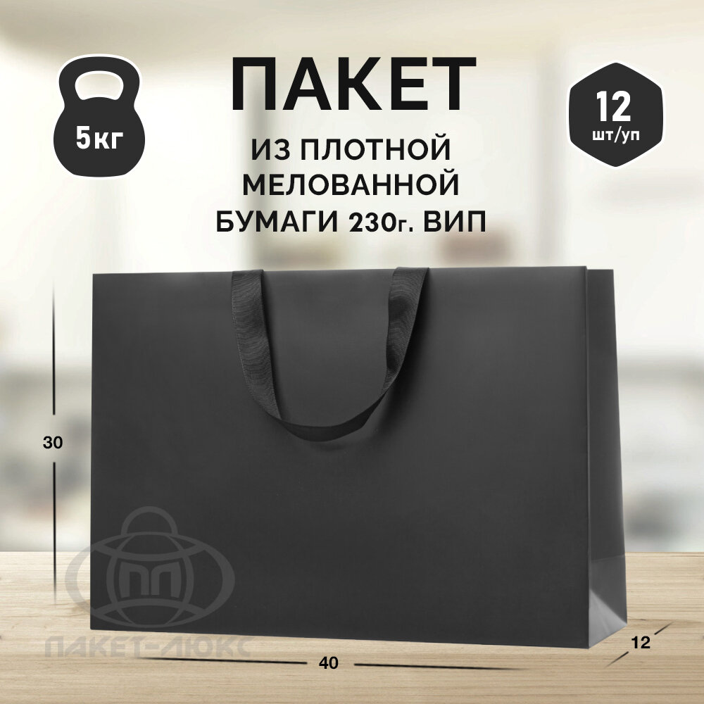 12 бумажных подарочных пакетов 40*30*12, Черные ВИП, горизонтальные