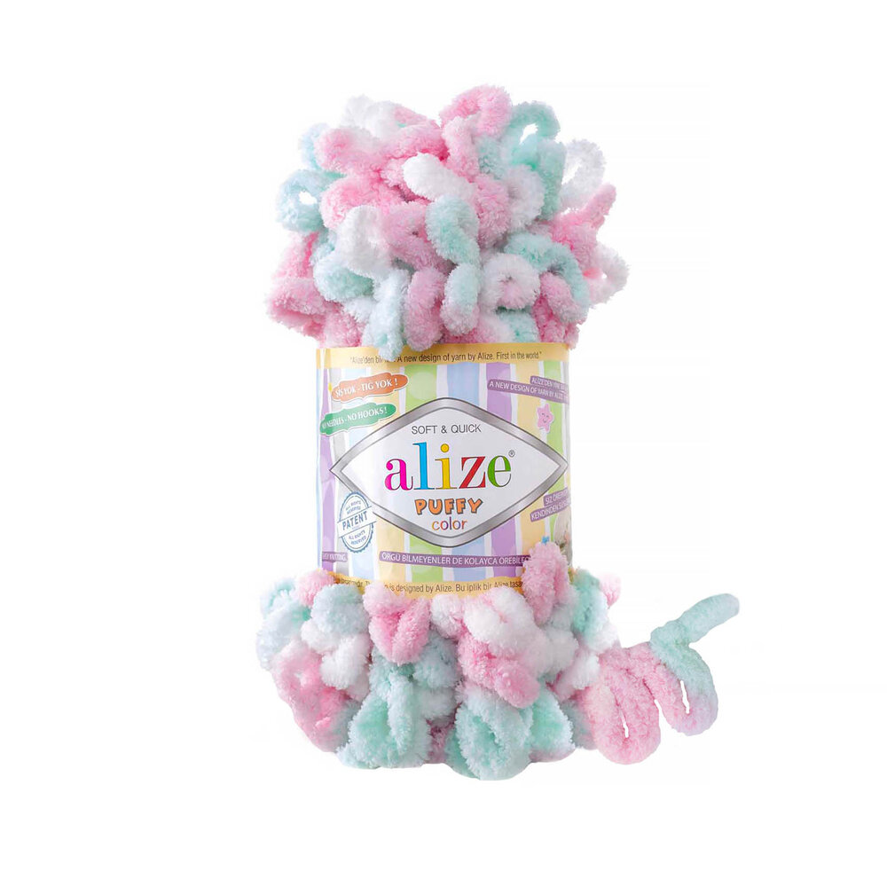 Пряжа для вязания Alize Puffy color 6052 розово-мятный 1 моток 100 гр/9 м 100% микрополиэстер