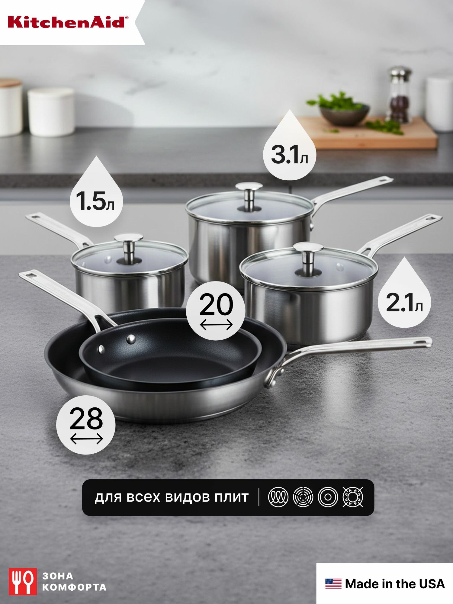 Набор посуды из нержавеющей стали KitchenAid Stainless Steel - 8 предметов, для всех видов плит с крышками