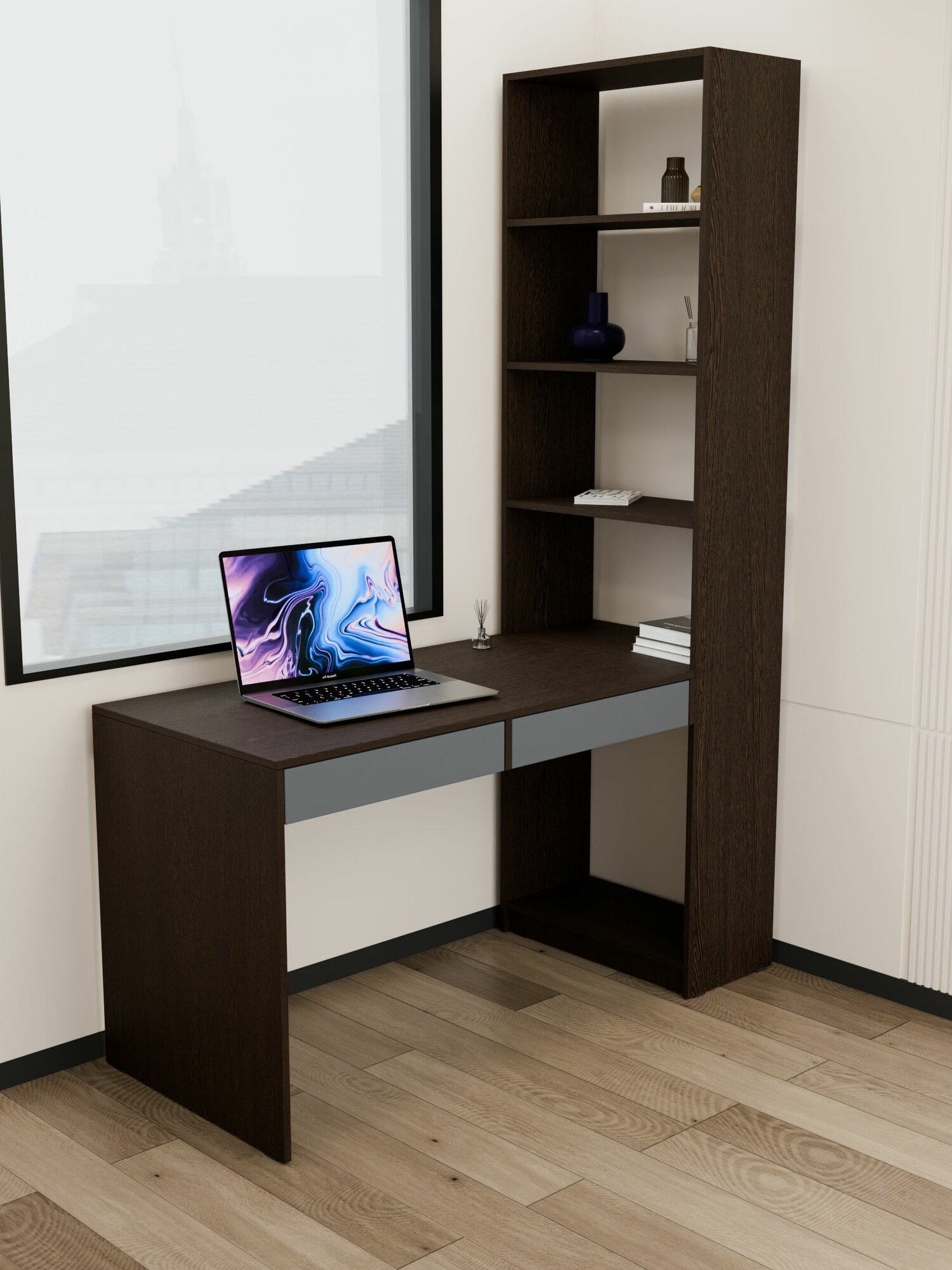 Изумлит Стол-стеллаж письменный угловой для учебы и работы Джокер, стеллаж справа 200х59.2х140 см, венге-графит